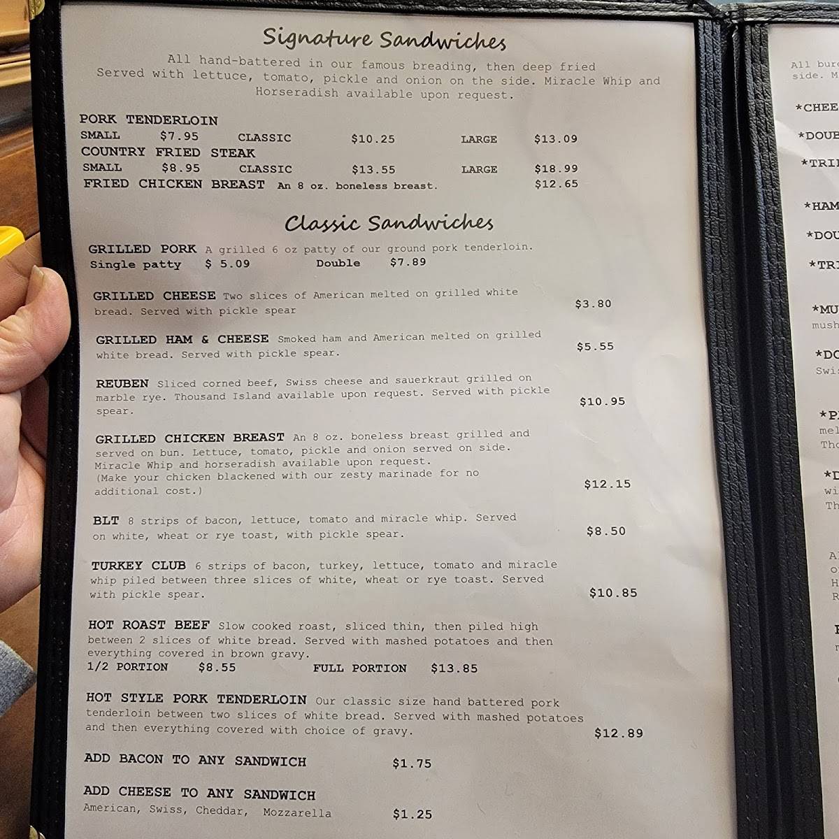 Menu at PT's restaurant, Oak Grove