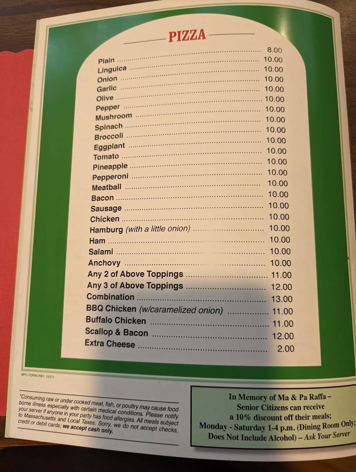Menu at Pa Raffa's Italian Restaurant, New Bedford