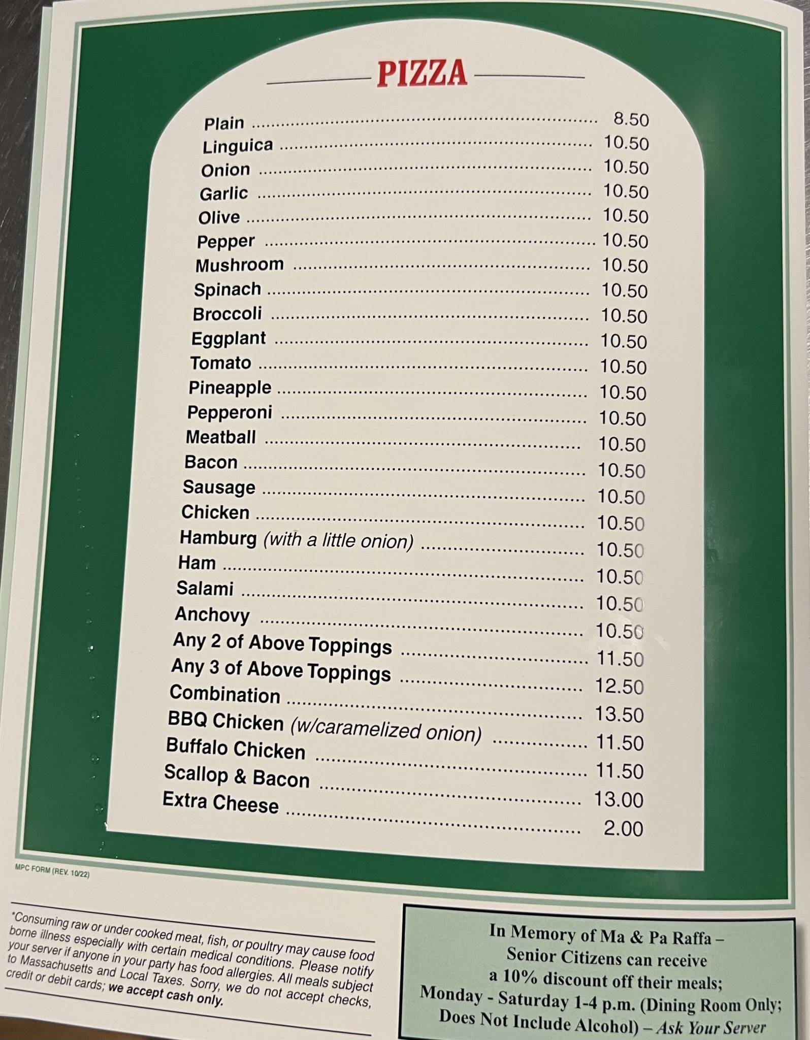 Menu at Pa Raffa's Italian Restaurant, New Bedford