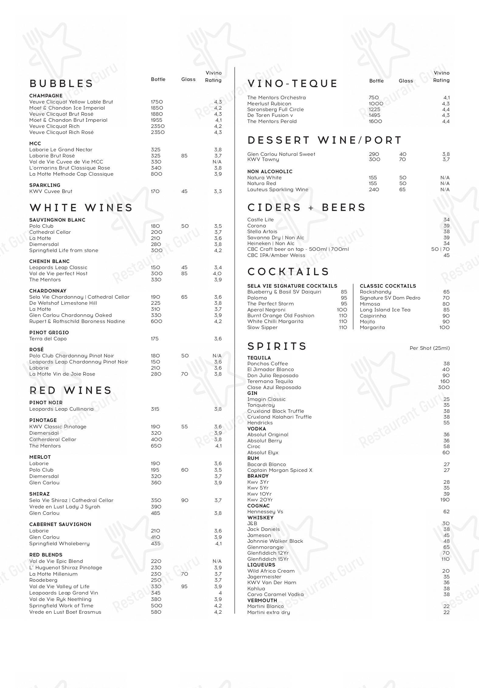Menu at Sela Vie restaurant, Paarl, The Yard Wellness Centre