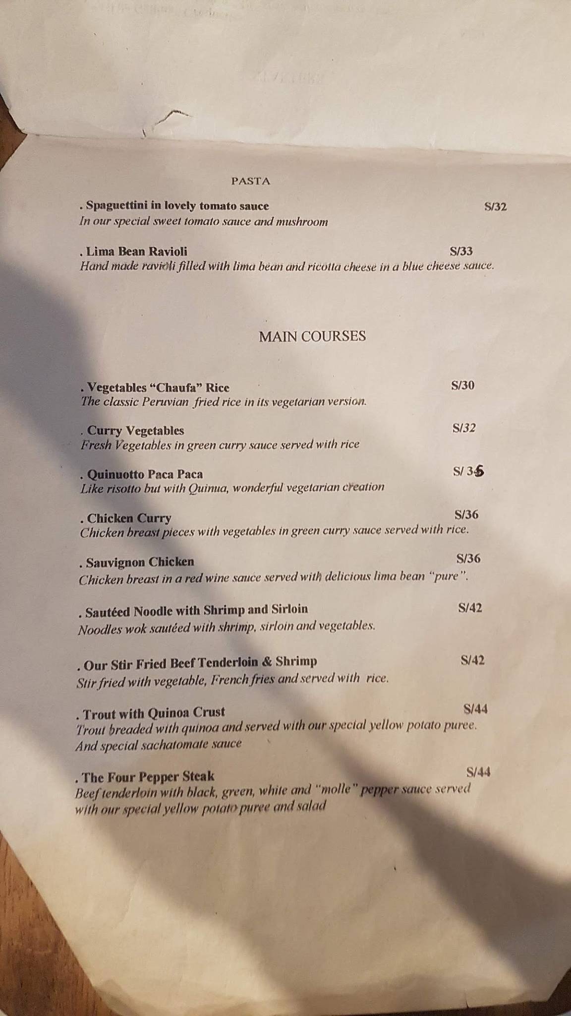 Menu at Paca Paca restaurant, Urubamba