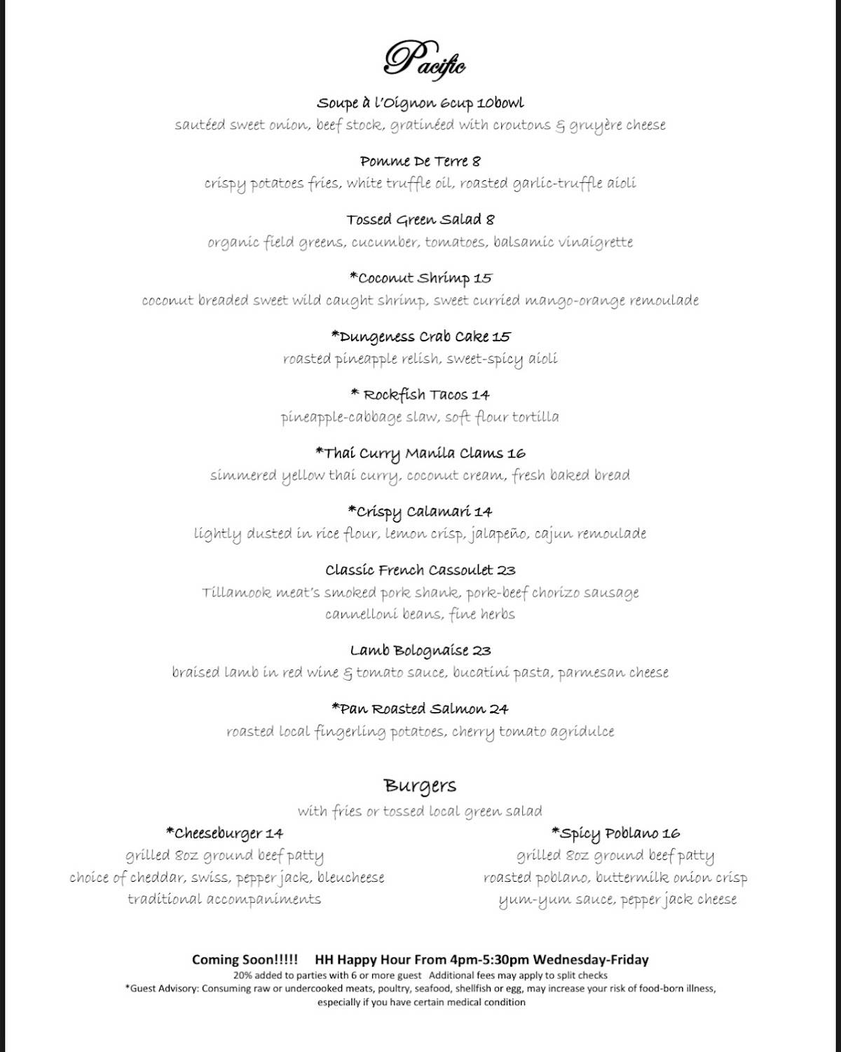 Menu at Pacific Restaurant, Tillamook, 205 Main Ave