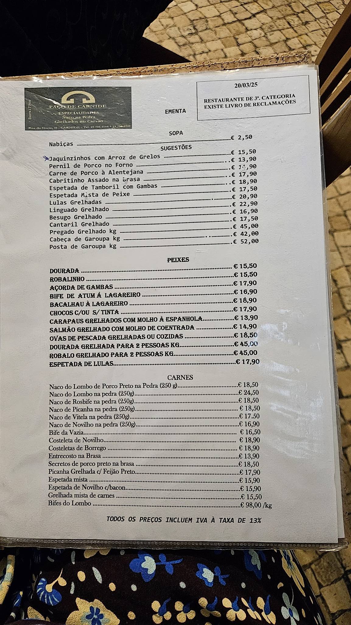 Menu em Paço de Carnide restaurante, Lisboa