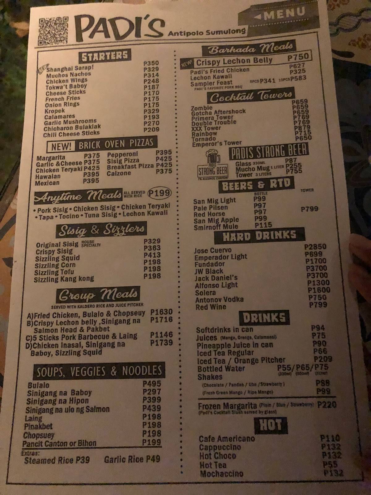 Menu at Padi's Point Sumulong Branch pub & bar, Antipolo, Sumulong Hwy