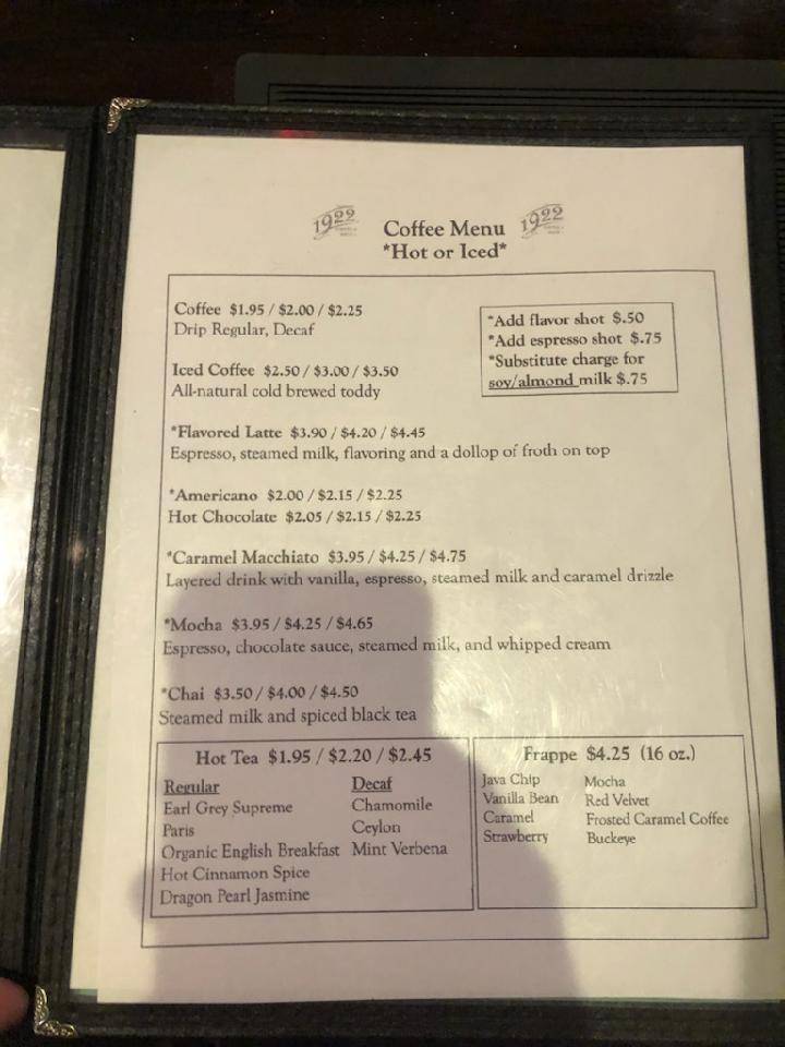 Menu at 1922 Coffee And Brew pub & bar, Painesville