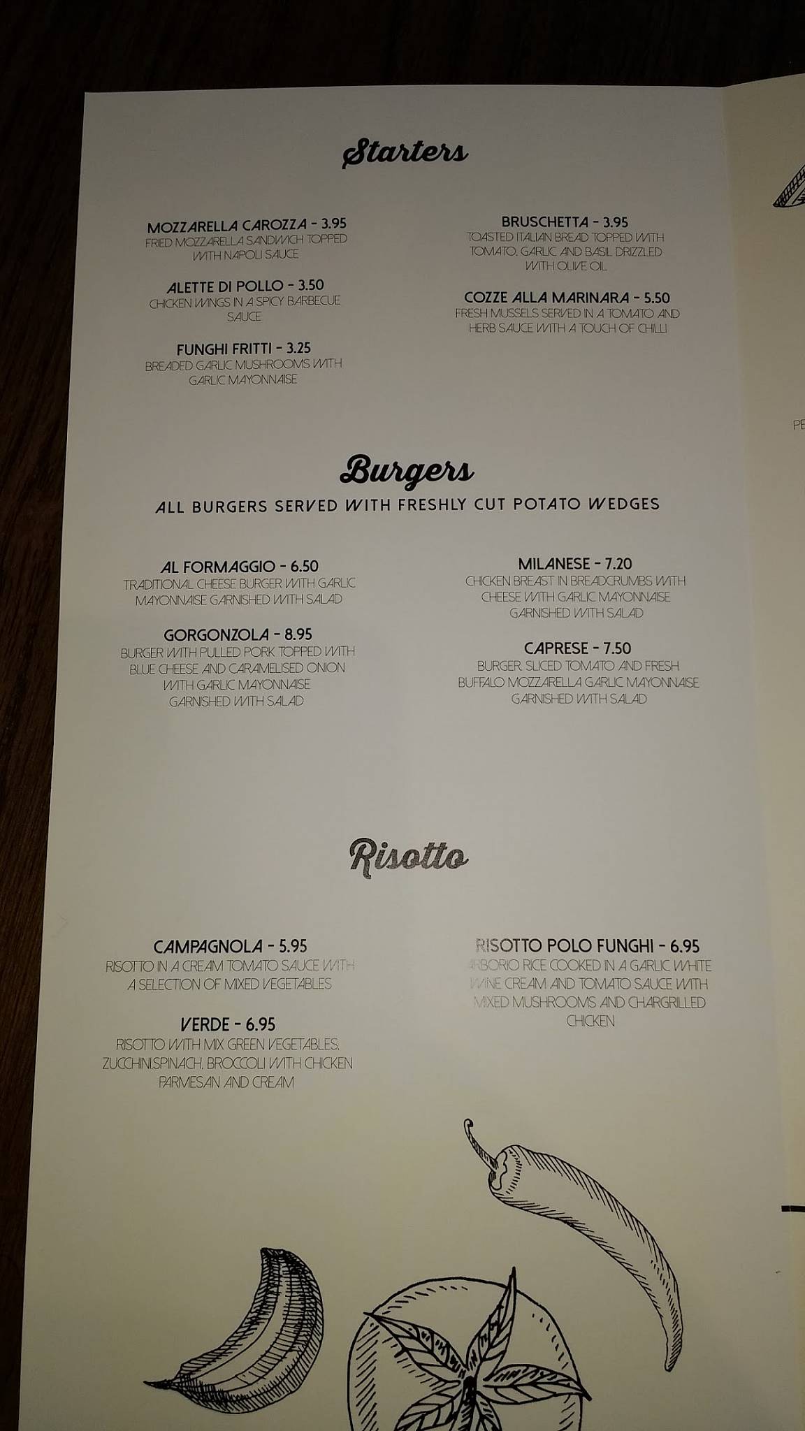 Menu at Trattoria Genova restaurant, Paisley
