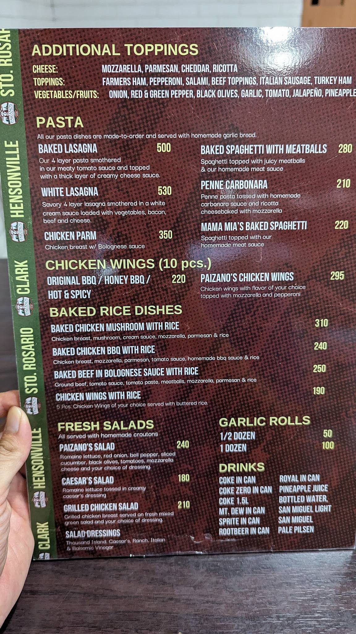 Menu at Paizano's Pizzeria, Angeles
