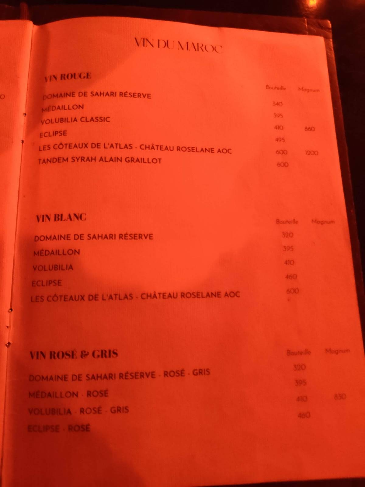 Menu au Palais Dar Soukkar restaurant, Marrakech, Km 3