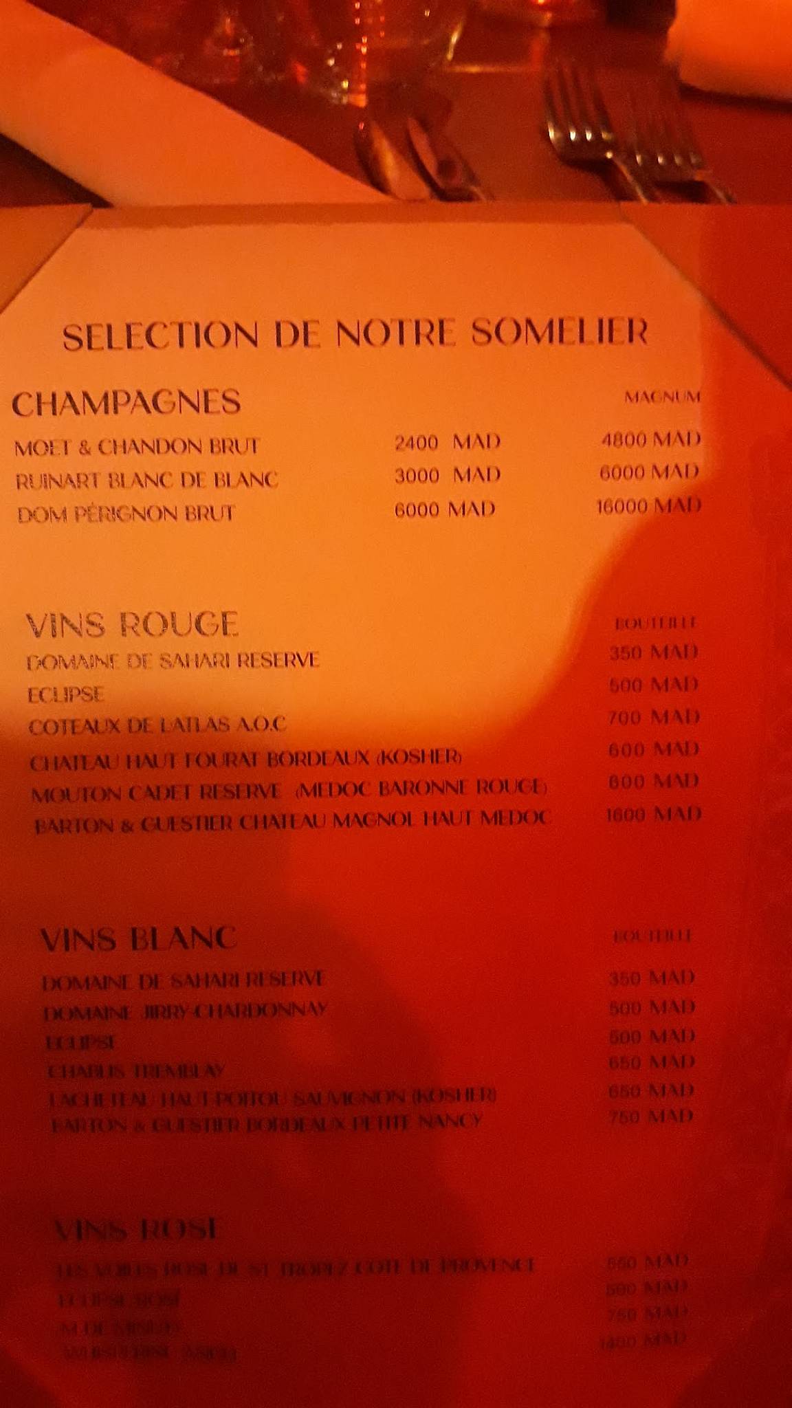 Menu au Palais Dar Soukkar restaurant, Marrakech, Km 3