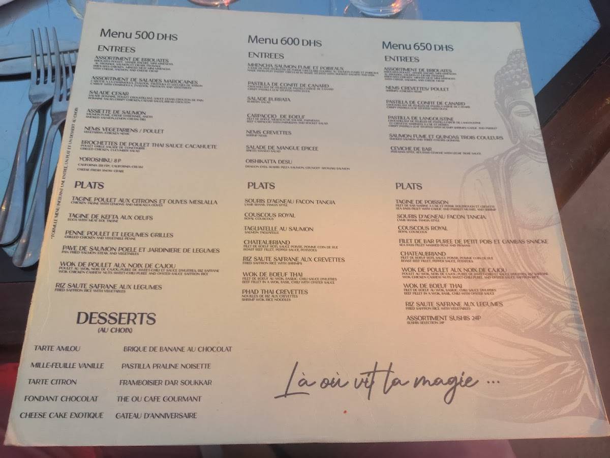 Menu au Palais Dar Soukkar restaurant, Marrakech, Km 3