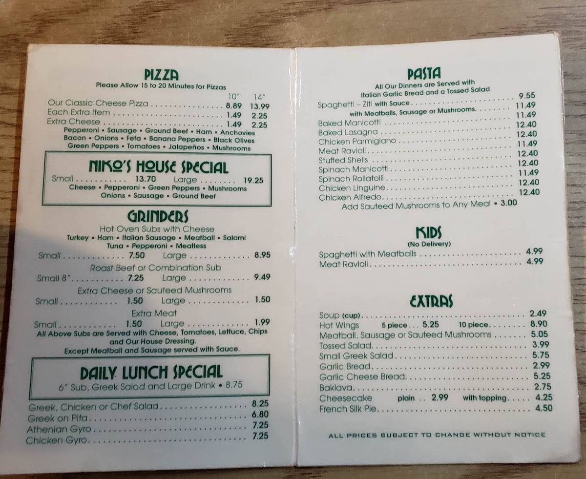 Menu at Niko's Pizza pizzeria, Palatka, 804 FL-19