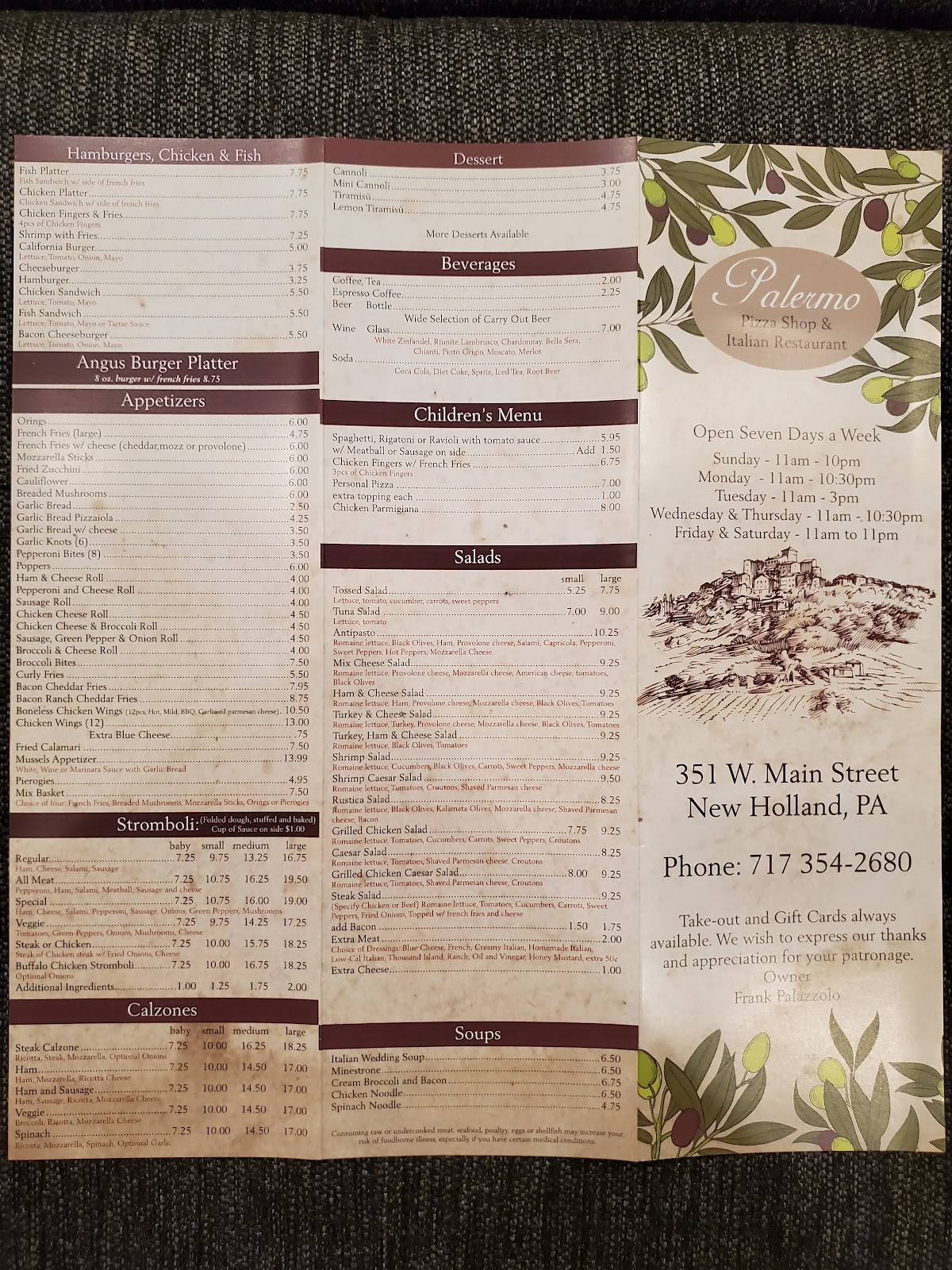 Menu at Palermo Pizza & Italian Restaurant, New Holland