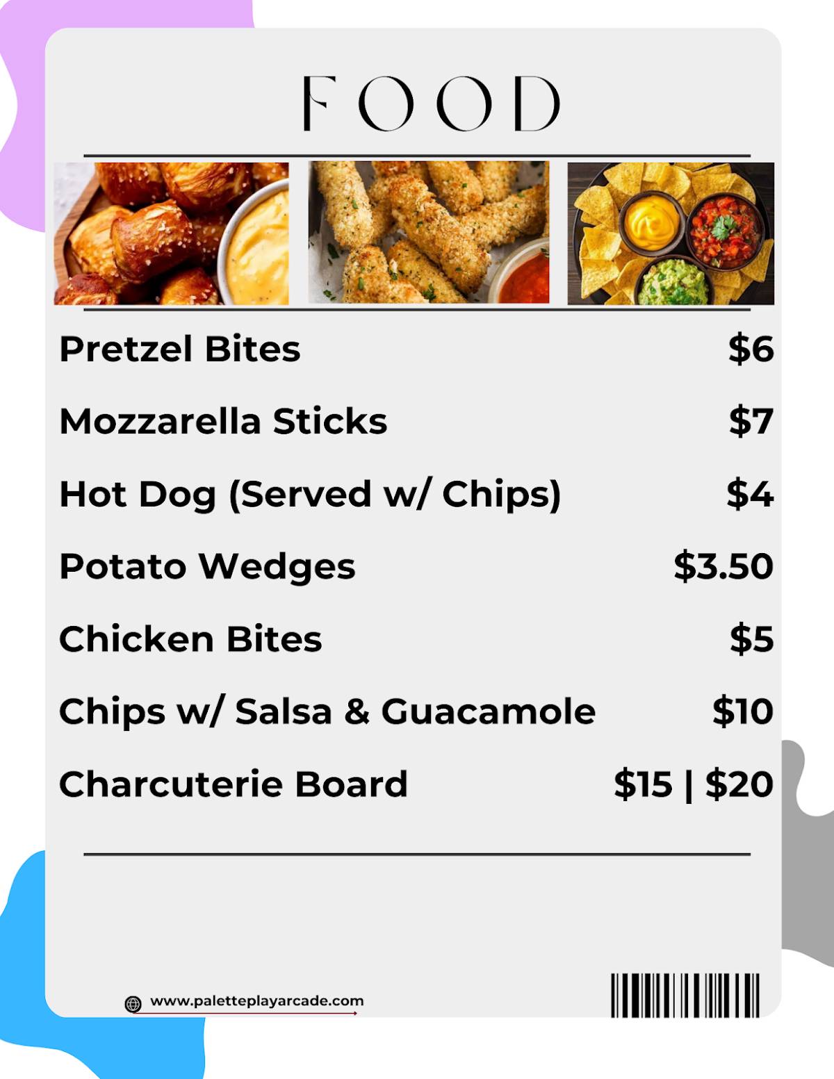 Menu at Palette Play & Arcade cafe, Oneonta