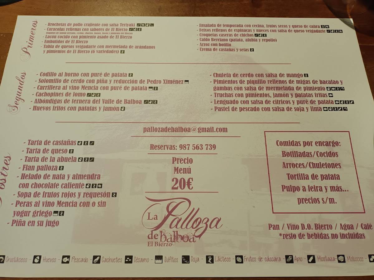 Carta del restaurante Palloza del Balboa, Balboa