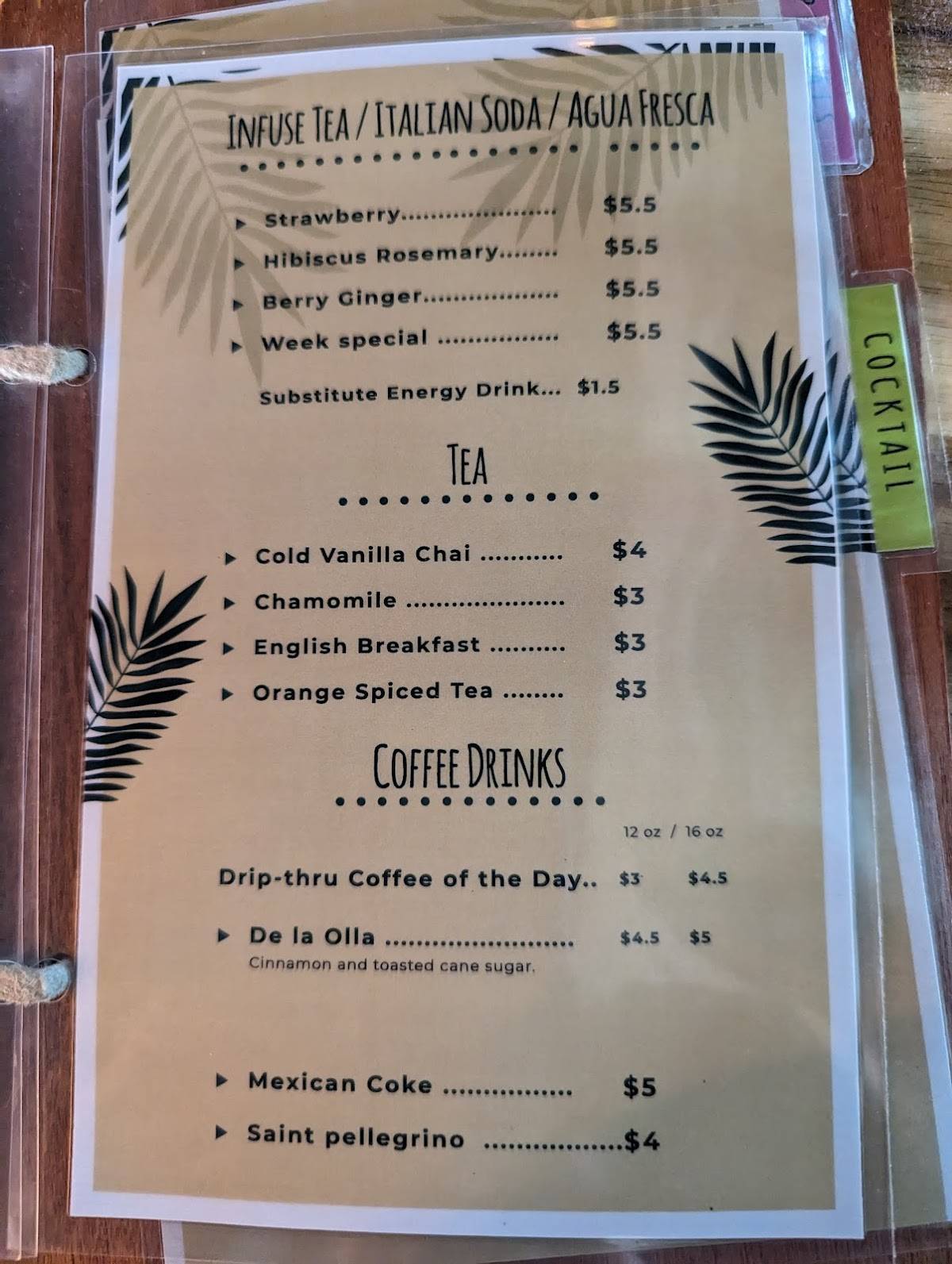 Menu at Palmeira tropical fusion restaurant, Anchorage