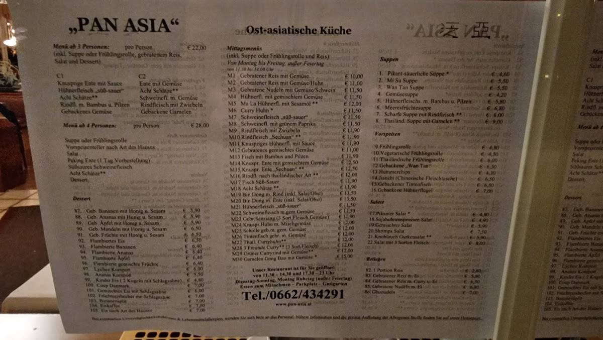 Speisekarte von Pan Asia restaurant, Salzburg