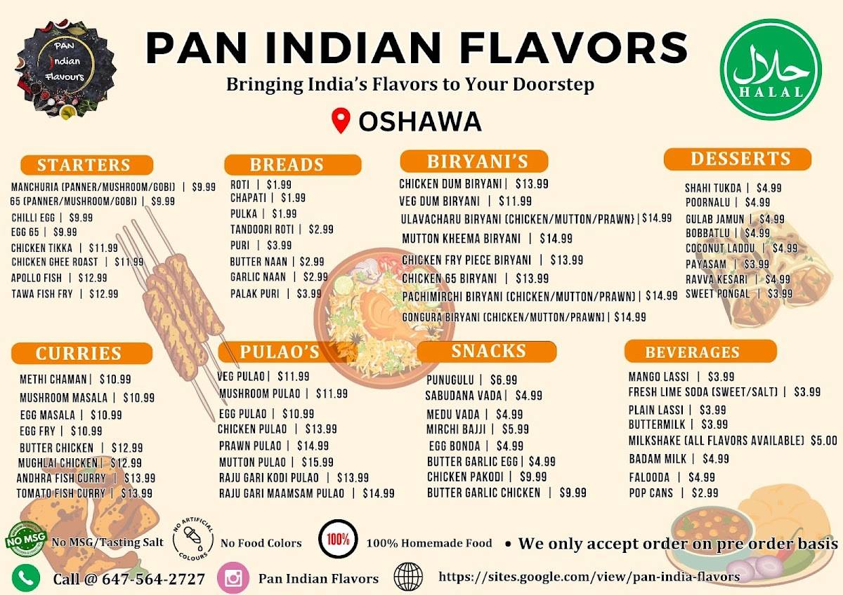 Menu at Pan Indian Flavors, Oshawa