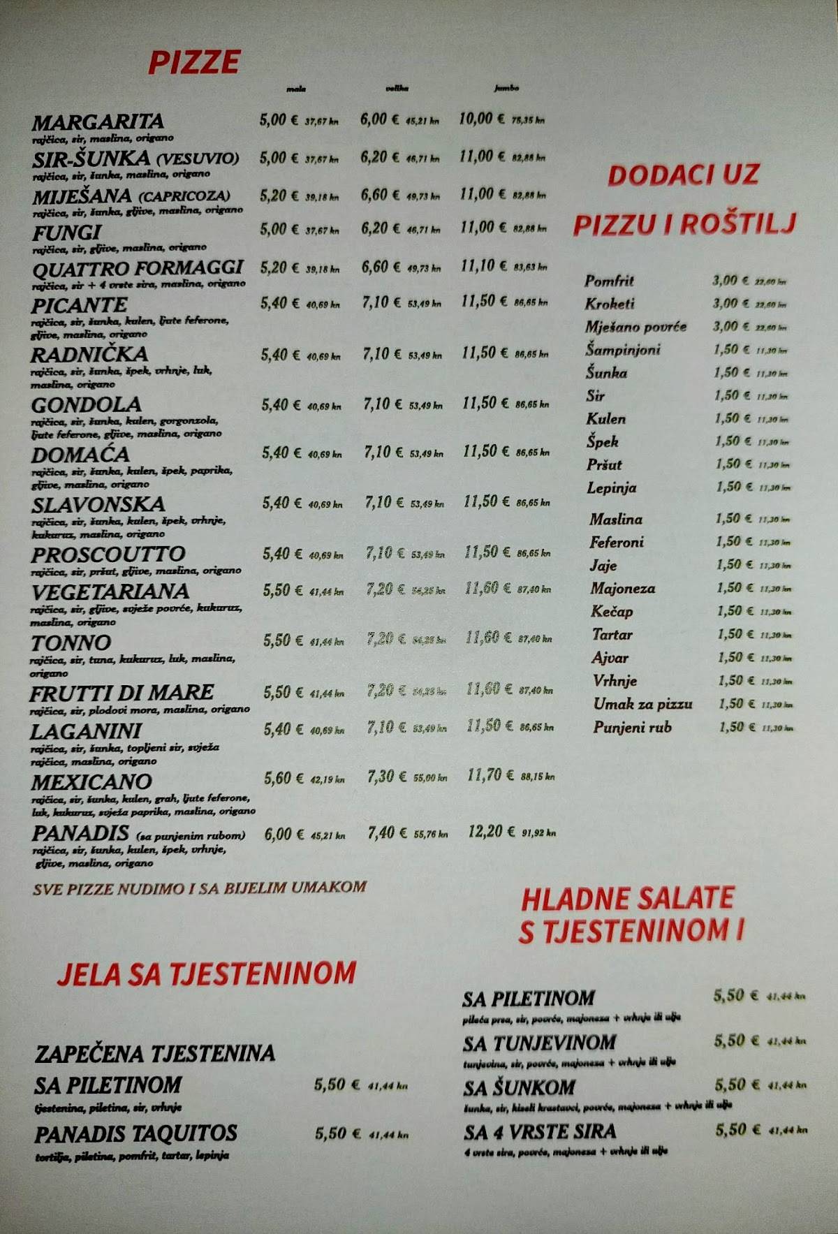 Menu at Panadis restaurant, Bjelovar