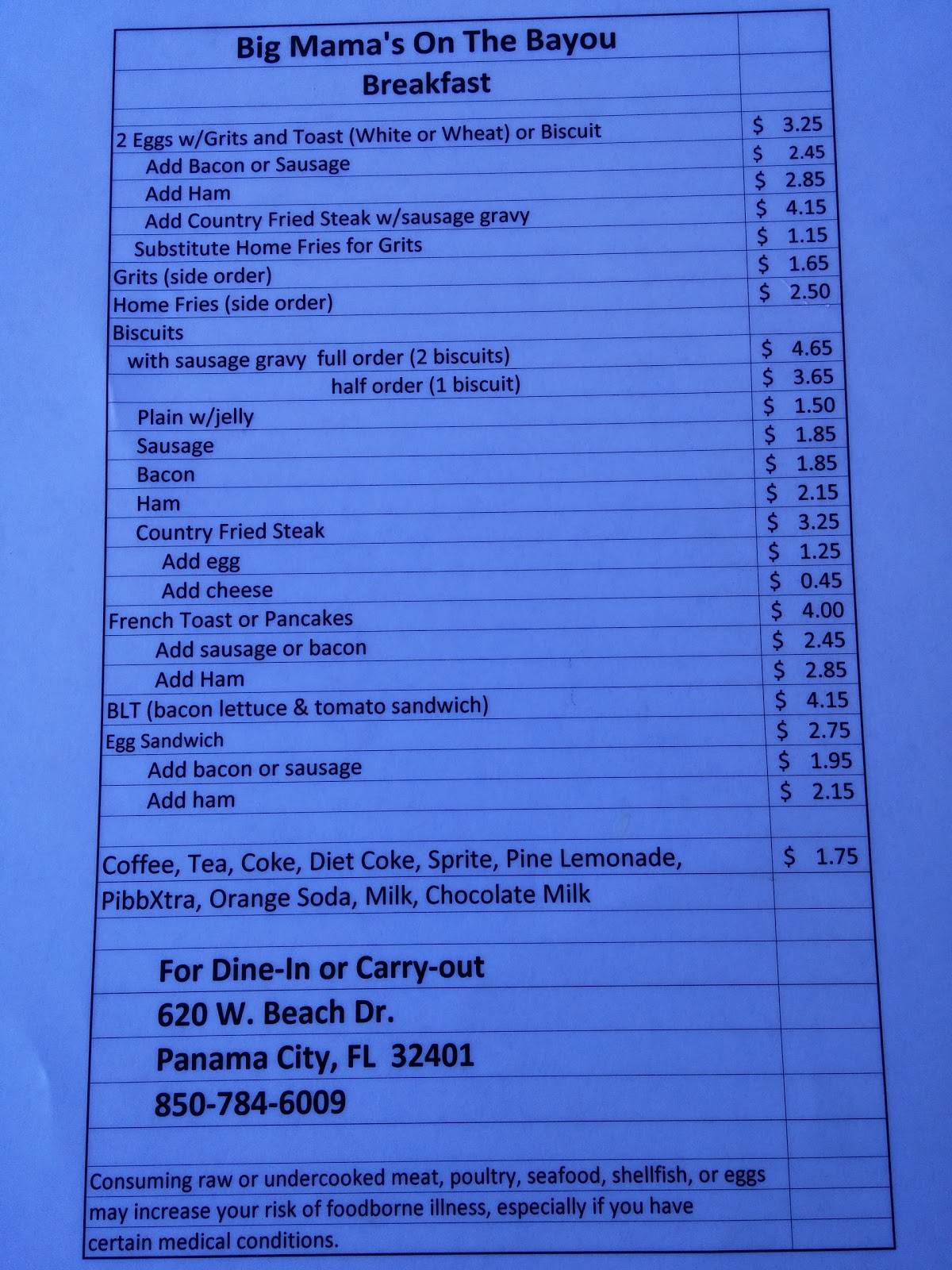 Menu at Big Mama's on the Bayou restaurant, Panama City, 620 W Beach Dr