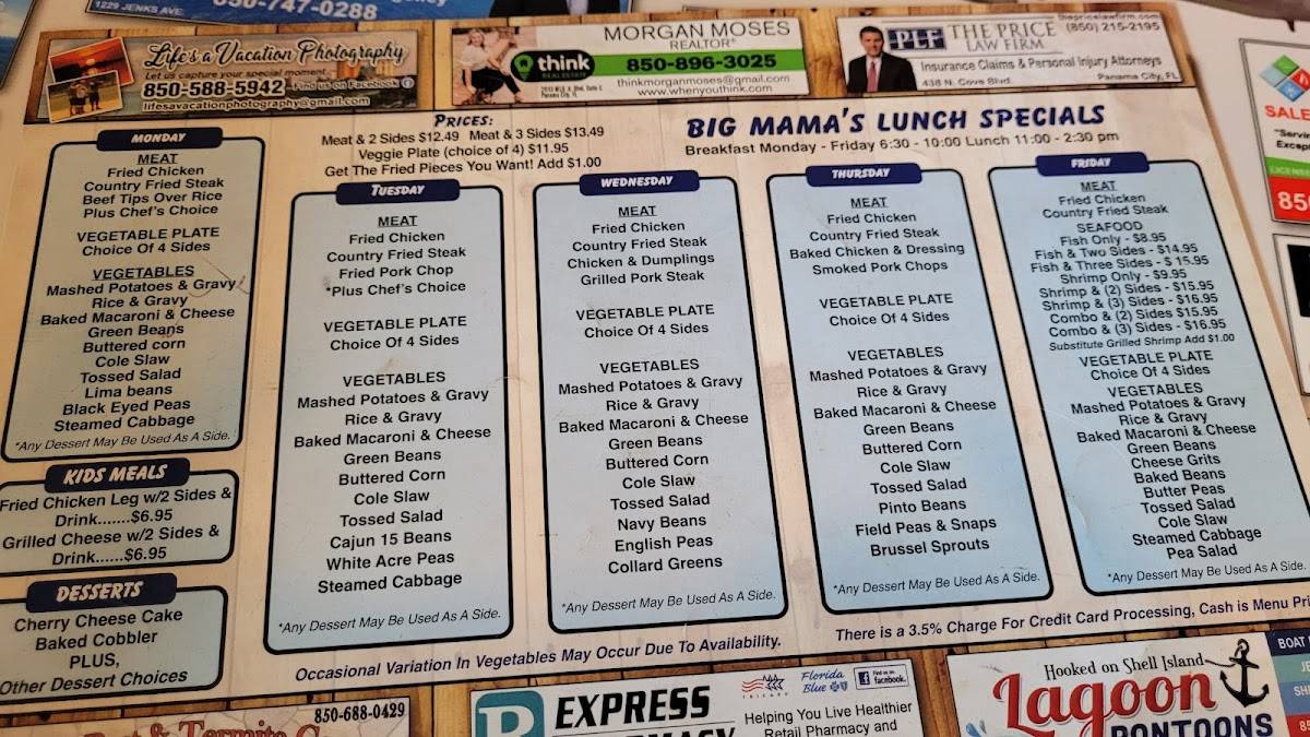 Menu at Big Mama's on the Bayou restaurant, Panama City, 620 W Beach Dr
