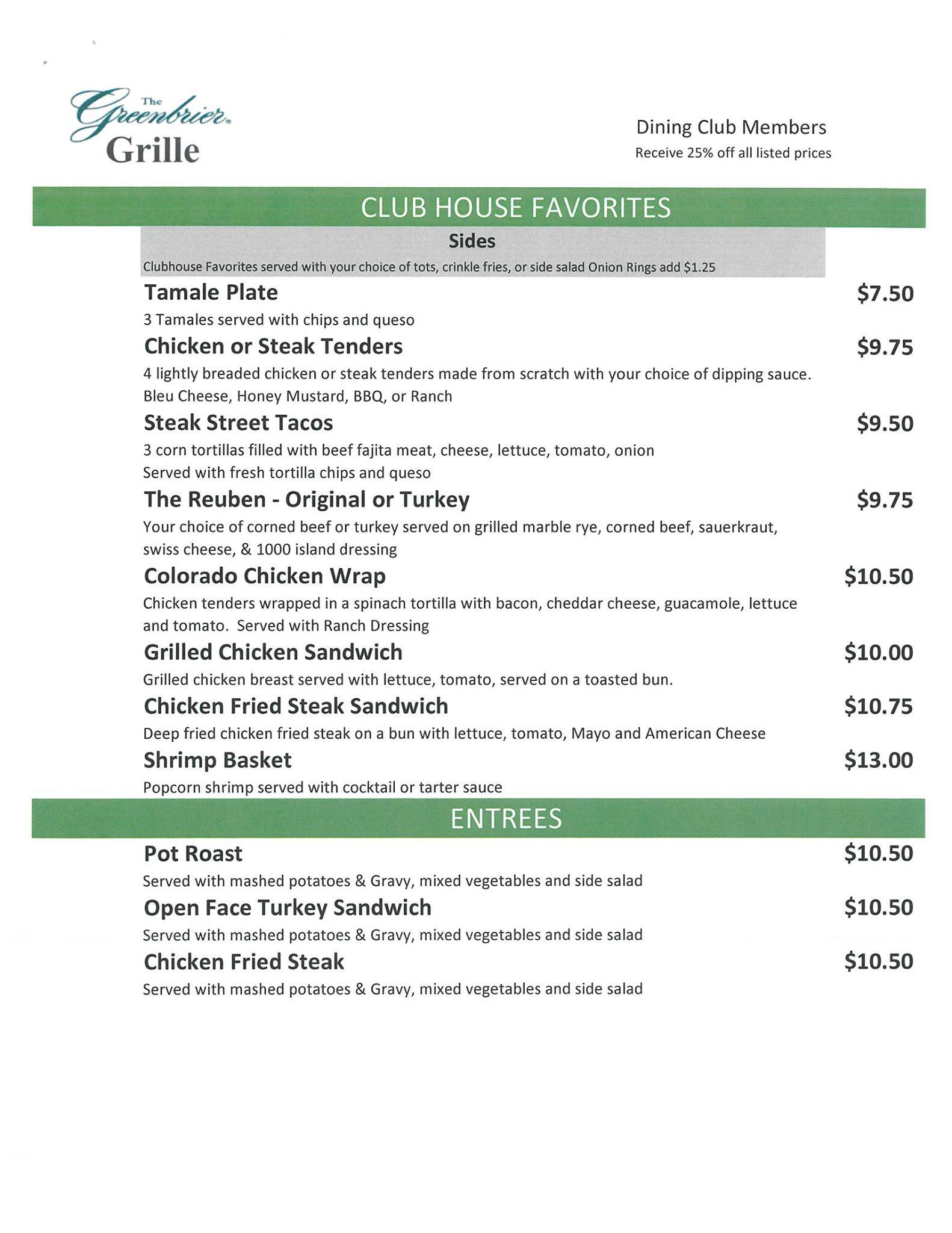 Menu at Panorama Golf Club, Conroe