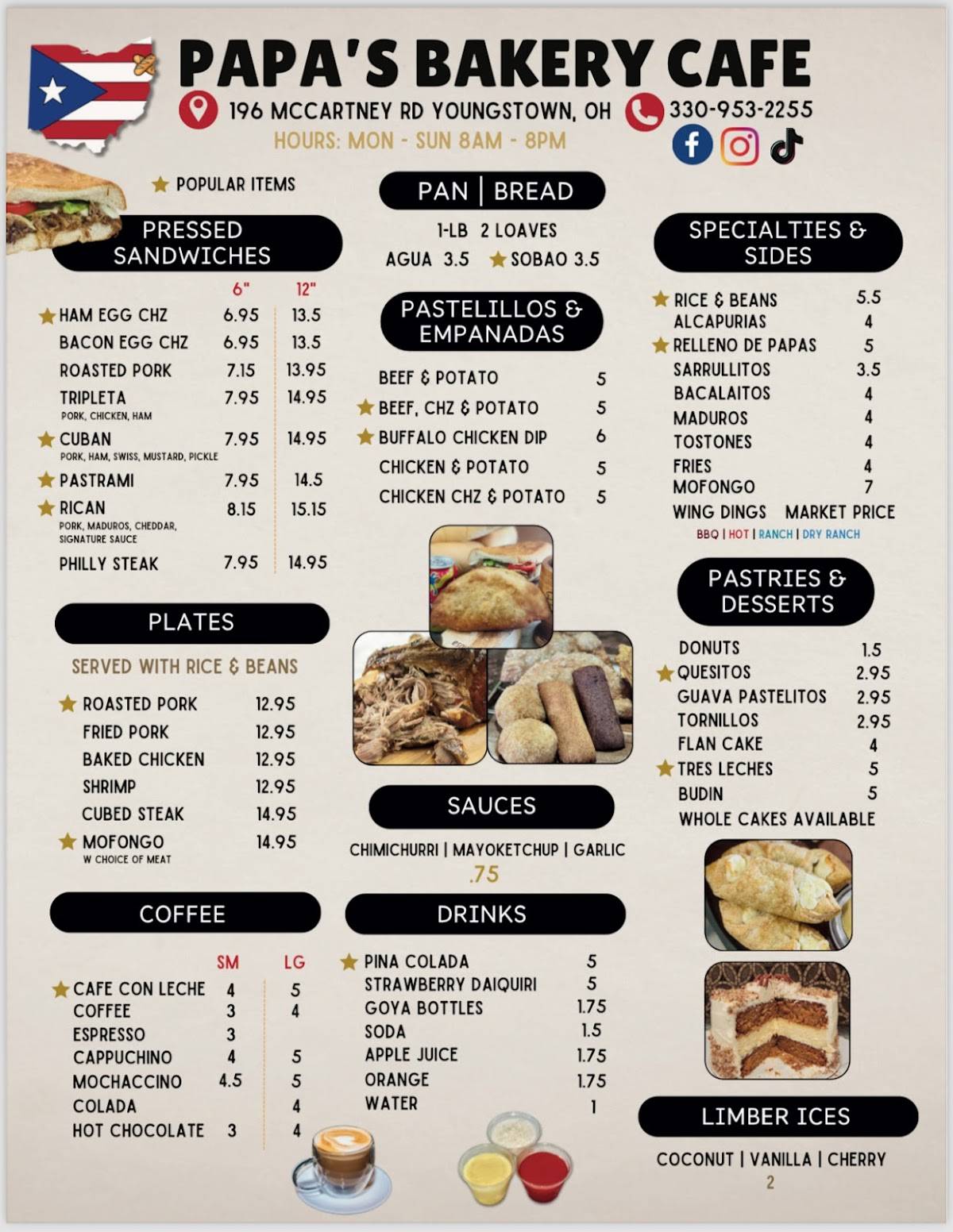 Menu at Papa’s Bakery Cafe, Youngstown
