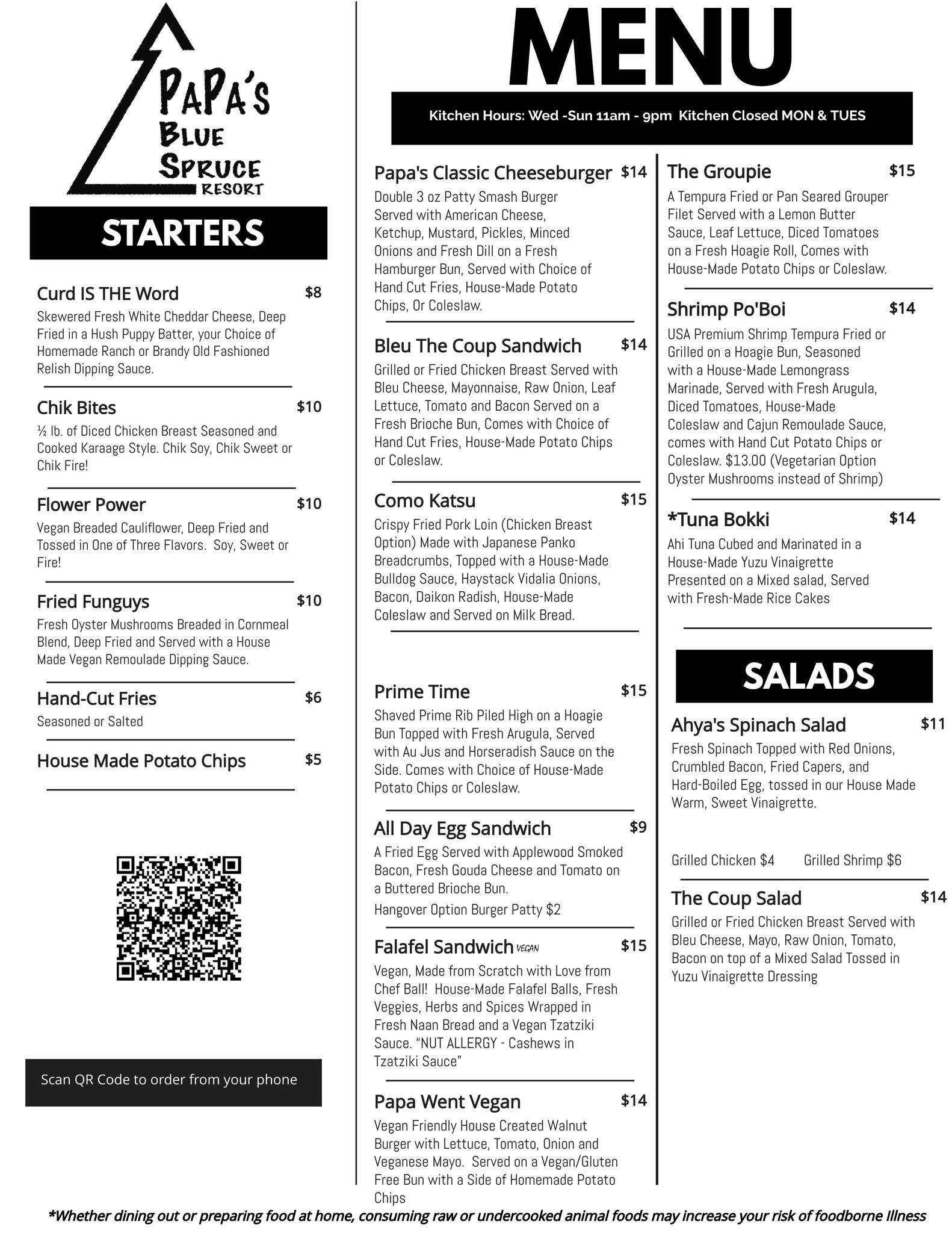 Menu at Papa’s Blue Spruce Resort pub & bar, Williams Bay