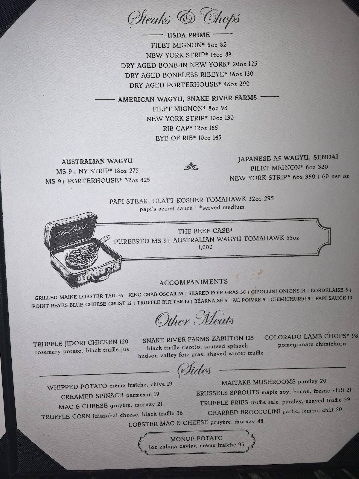 Menu at Papi Steak Las Vegas steakhouse, Las Vegas