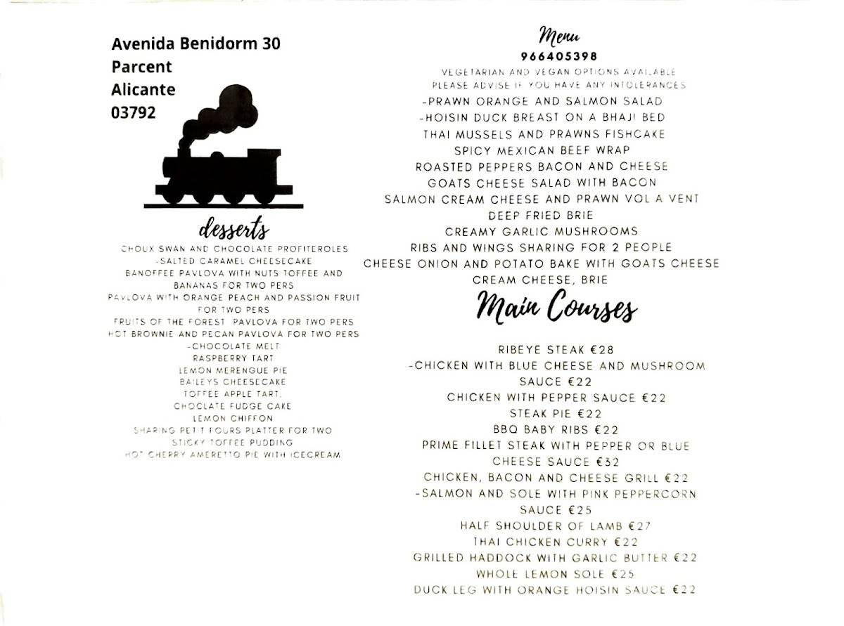Menu at Victoria Station restaurant, Parcent
