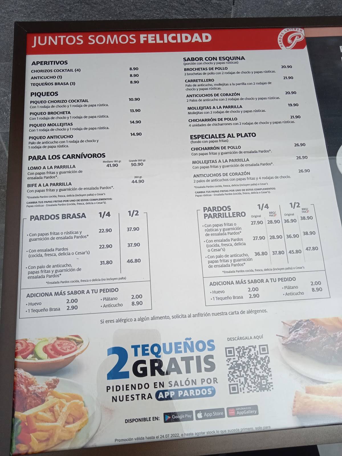 Carta del restaurante Pardos Chicken, Comas