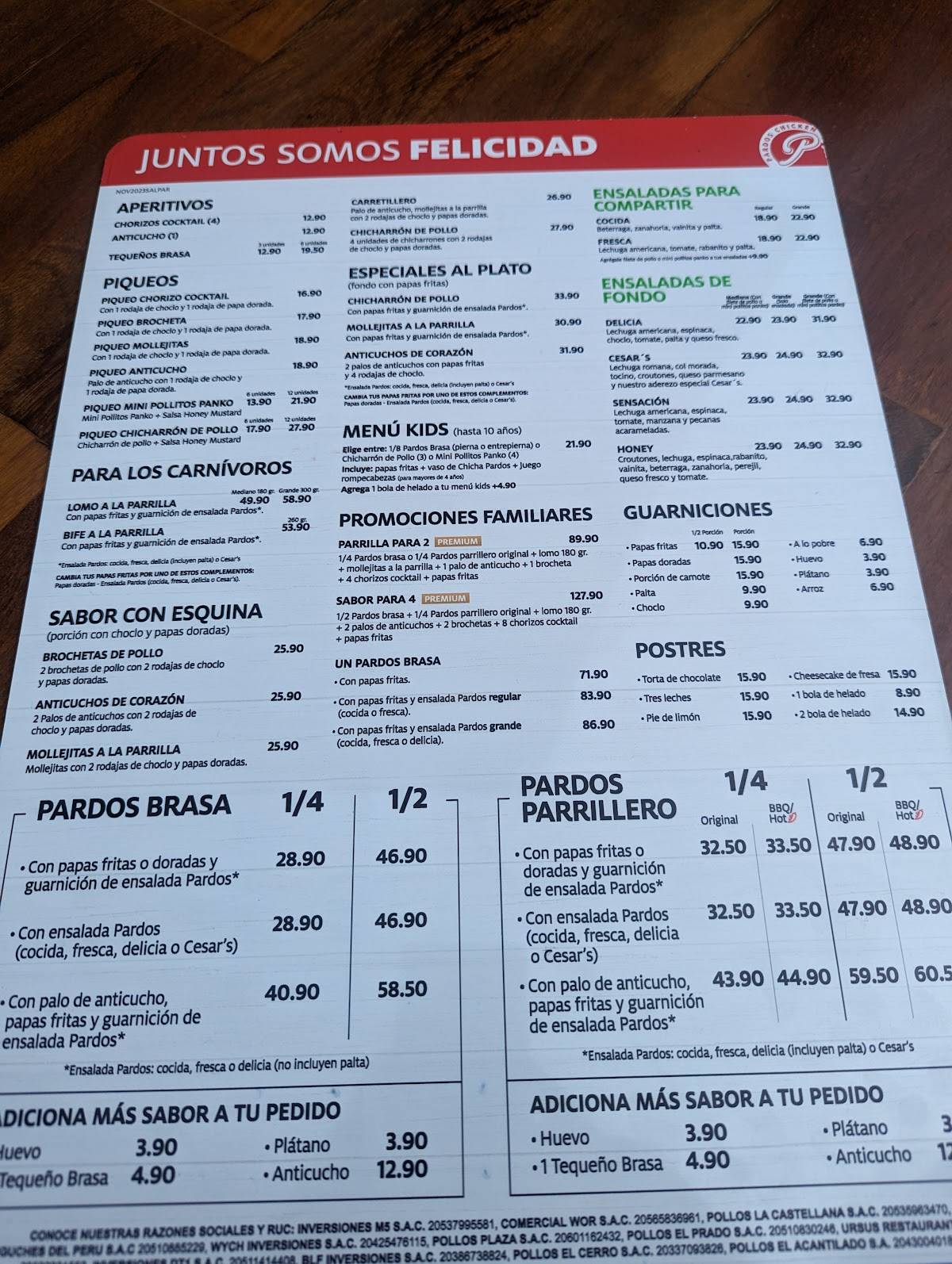 Carta del restaurante Pardos Chicken, Miraflores, Alfredo Benavides 730