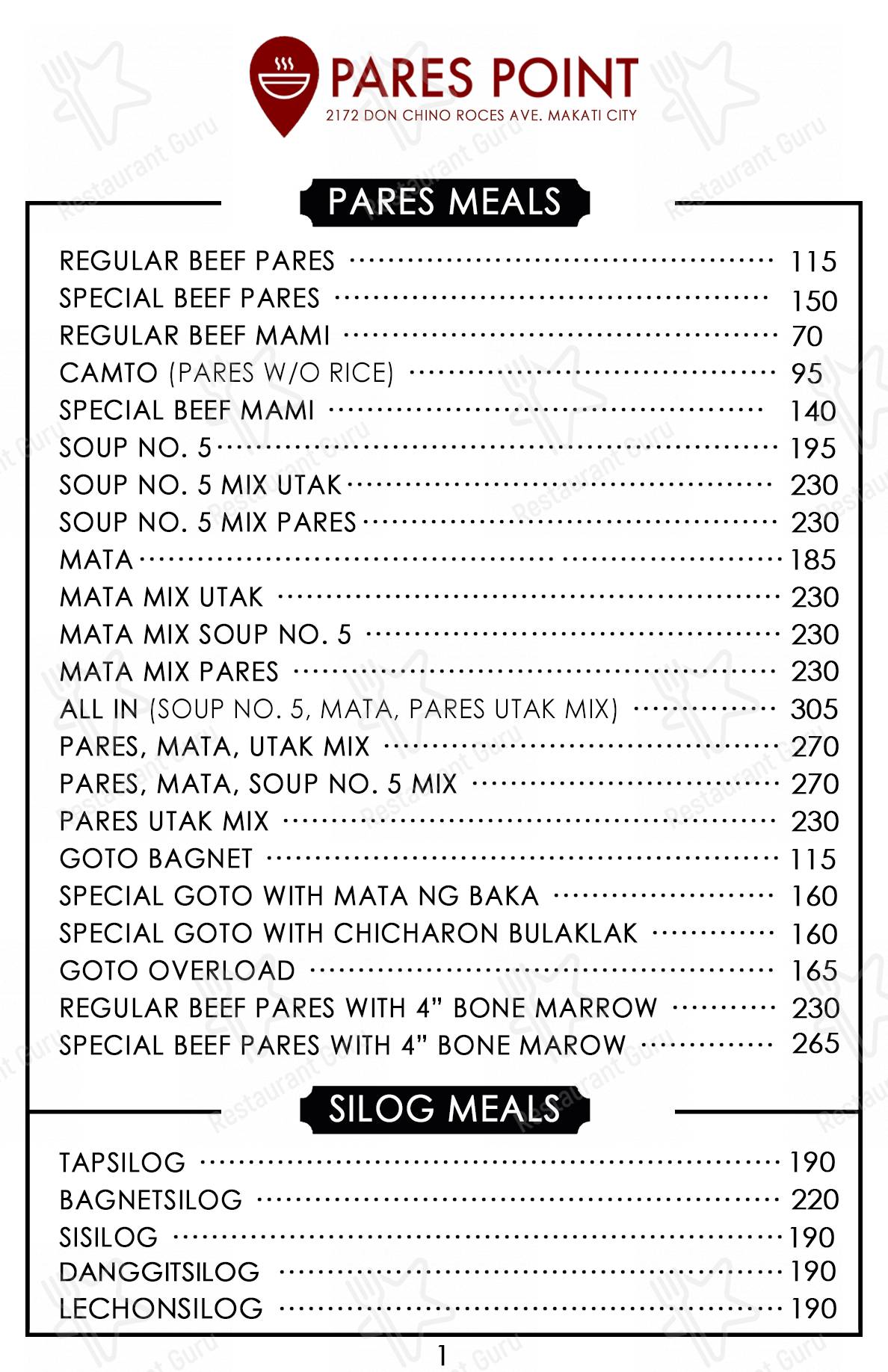 Menu at Pares Point Grill and Resto Bar, Makati