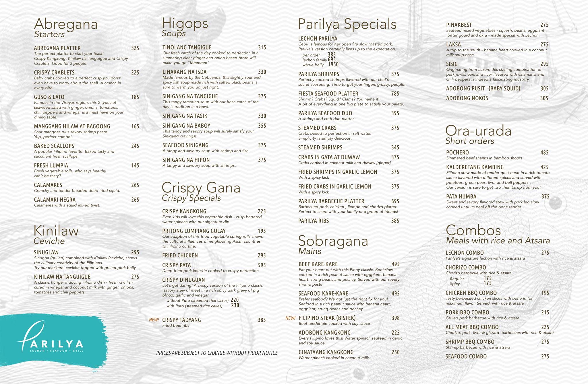 Menu at Parilya restaurant, Cebu City, City di Mare Visitor Center