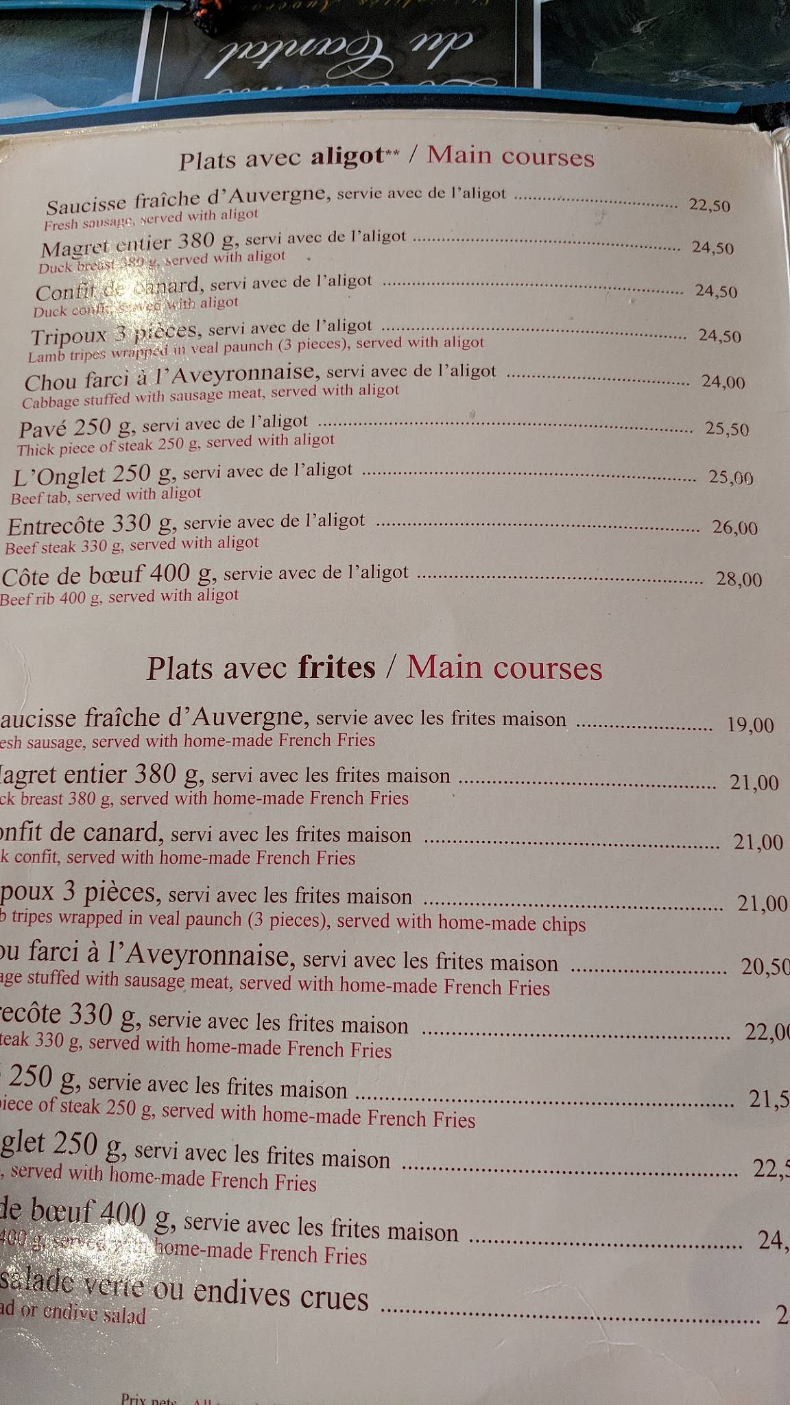 Menu au Restaurant Le Plomb du Cantal, Paris, 3 Rue de la Gaité