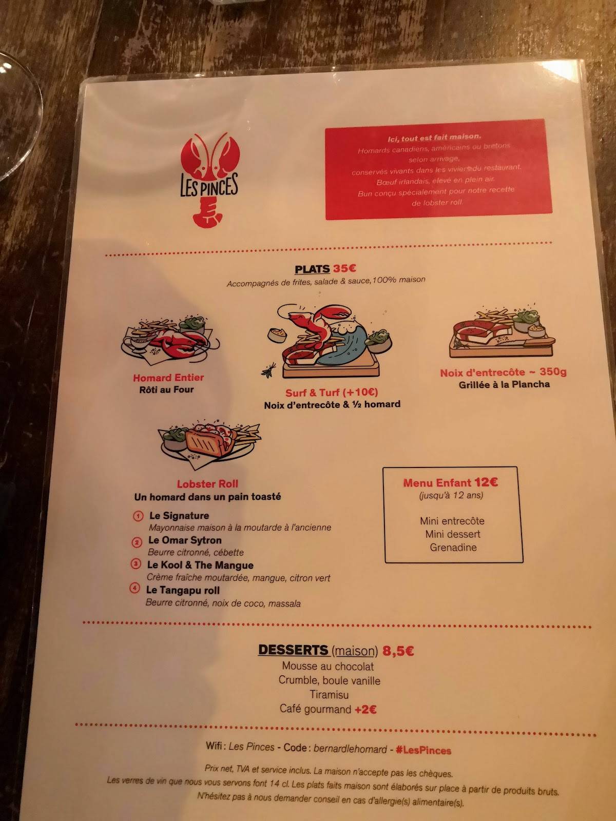 Menu au Les Pinces restaurant, Paris, 29 Rue du Bourg Tibourg
