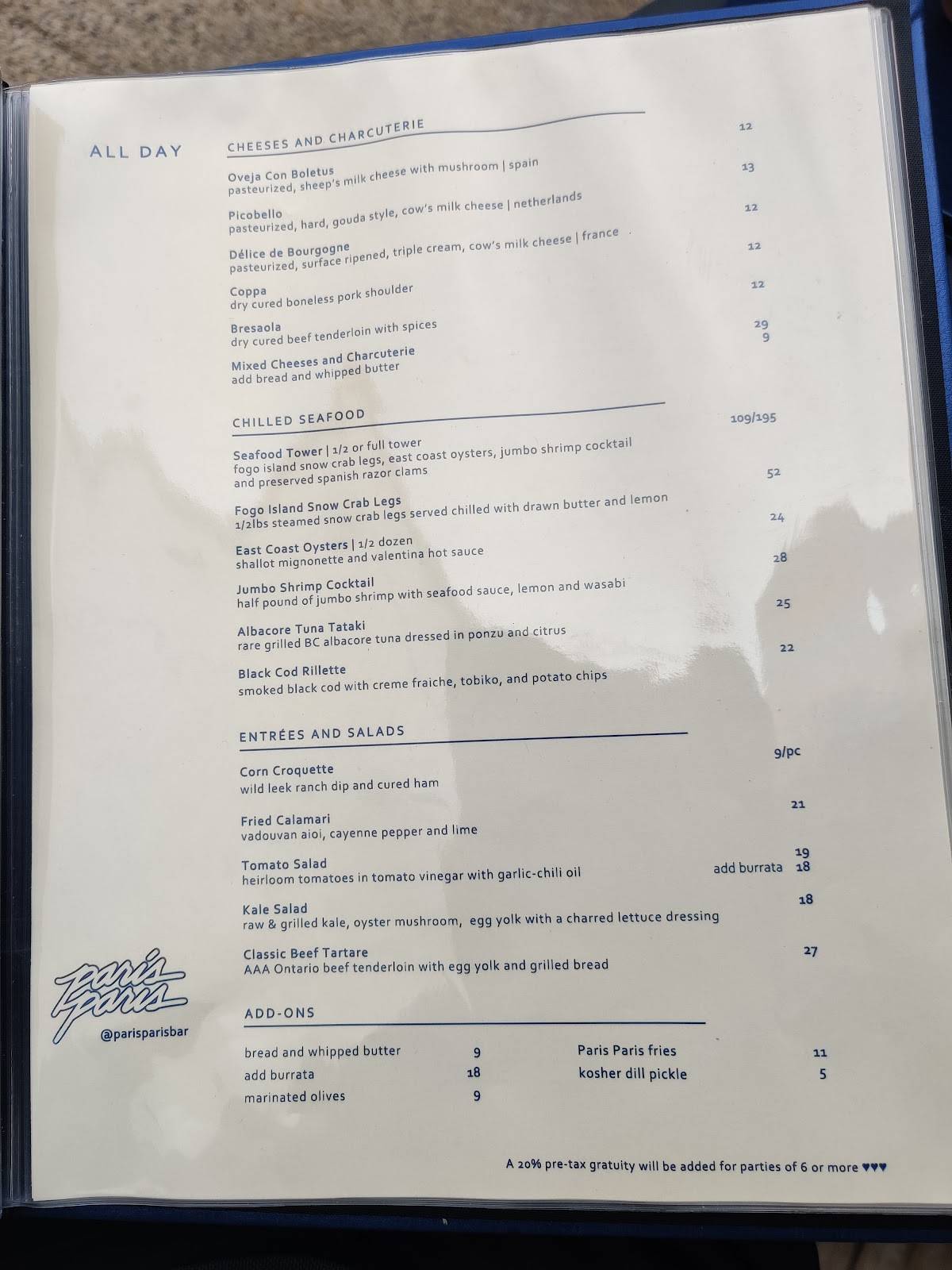 Menu at Paris Paris pub & bar, Toronto, 146 Ossington Ave