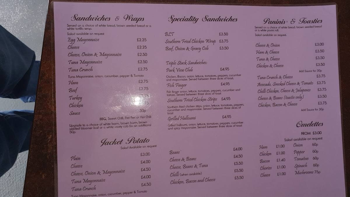 Menu at Park View Coffee House, Cadishead