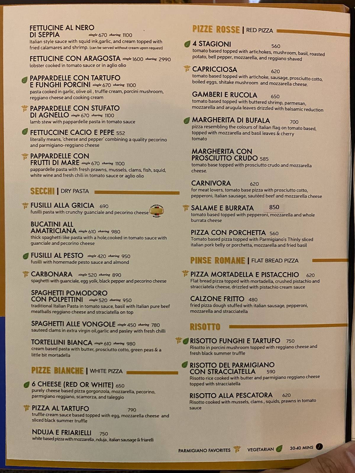 Menu at Parmigiano restaurant, Pasay