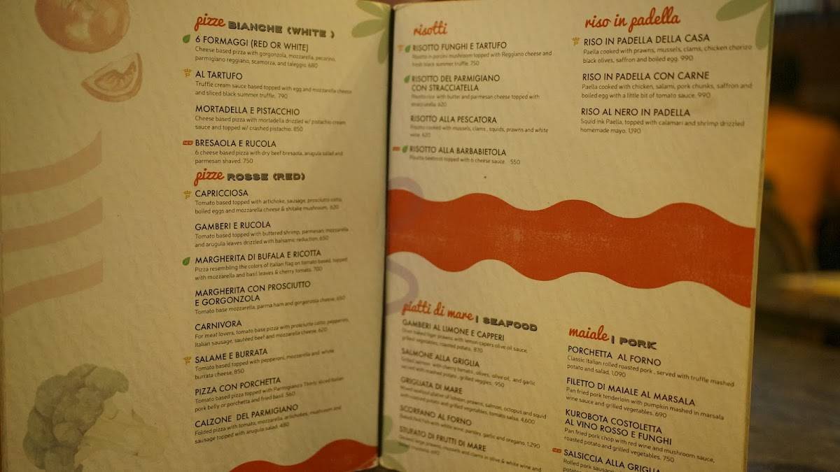 Menu at Parmigiano restaurant, Pasay