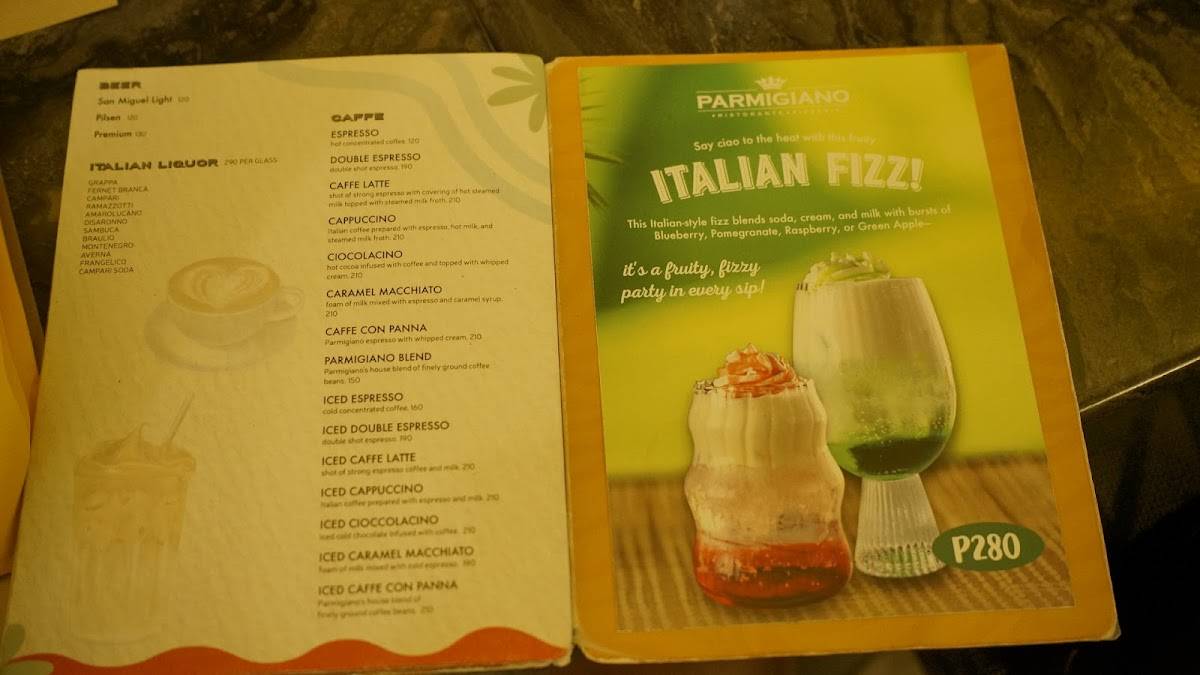 Menu at Parmigiano restaurant, Pasay