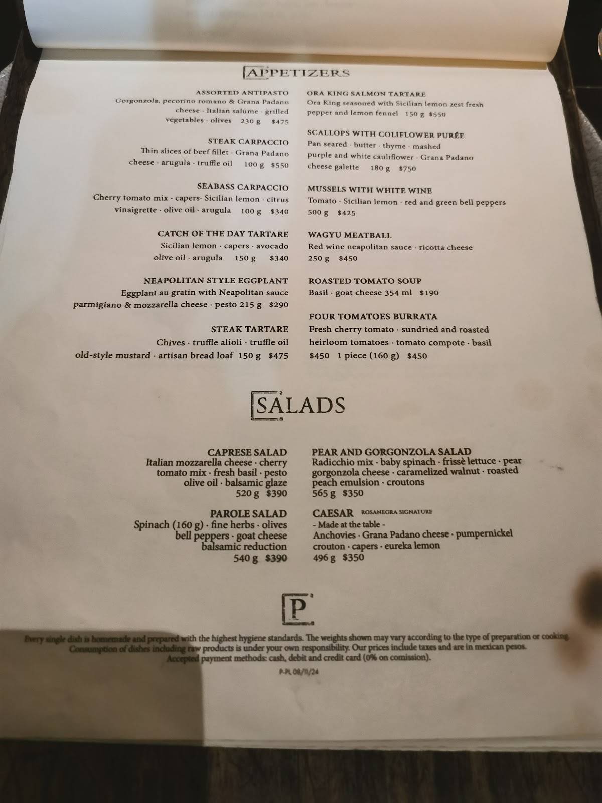 Carta de Parole Polanco | Restaurante Italiano, Ciudad López Mateos