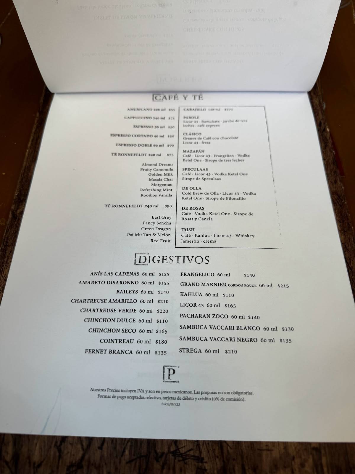 Carta de Parole Restaurante Italiano en Polanco, Ciudad López Mateos