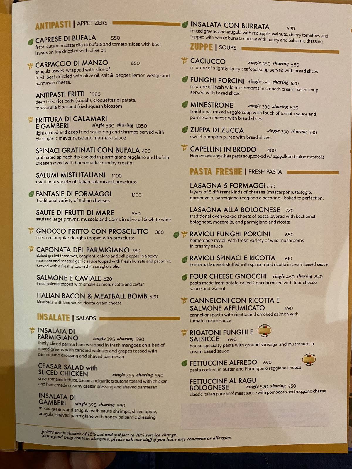 Menu at Parmigiano restaurant, Pasay