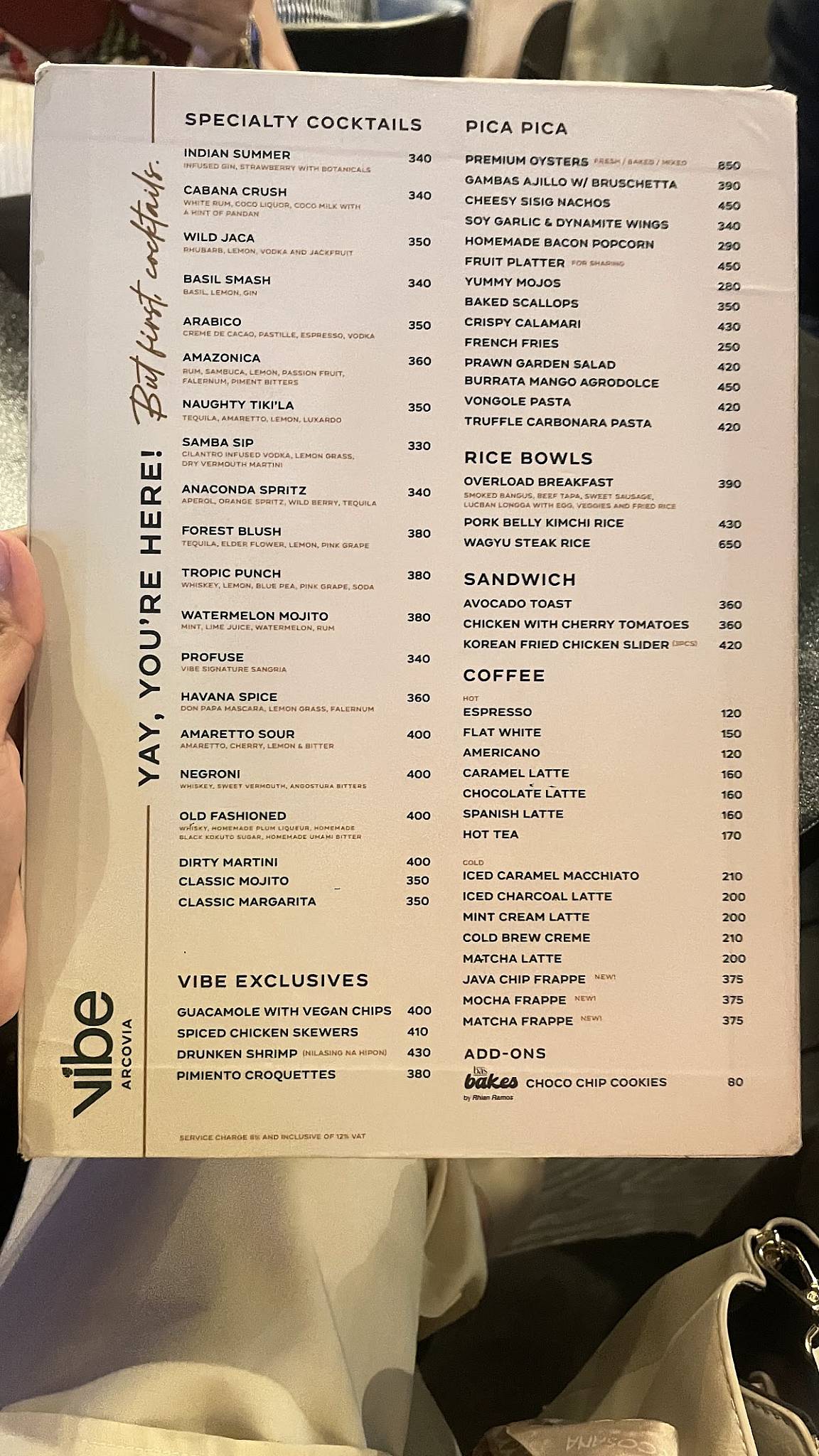 Menu at The Vibe Arcovia restaurant, Pasig