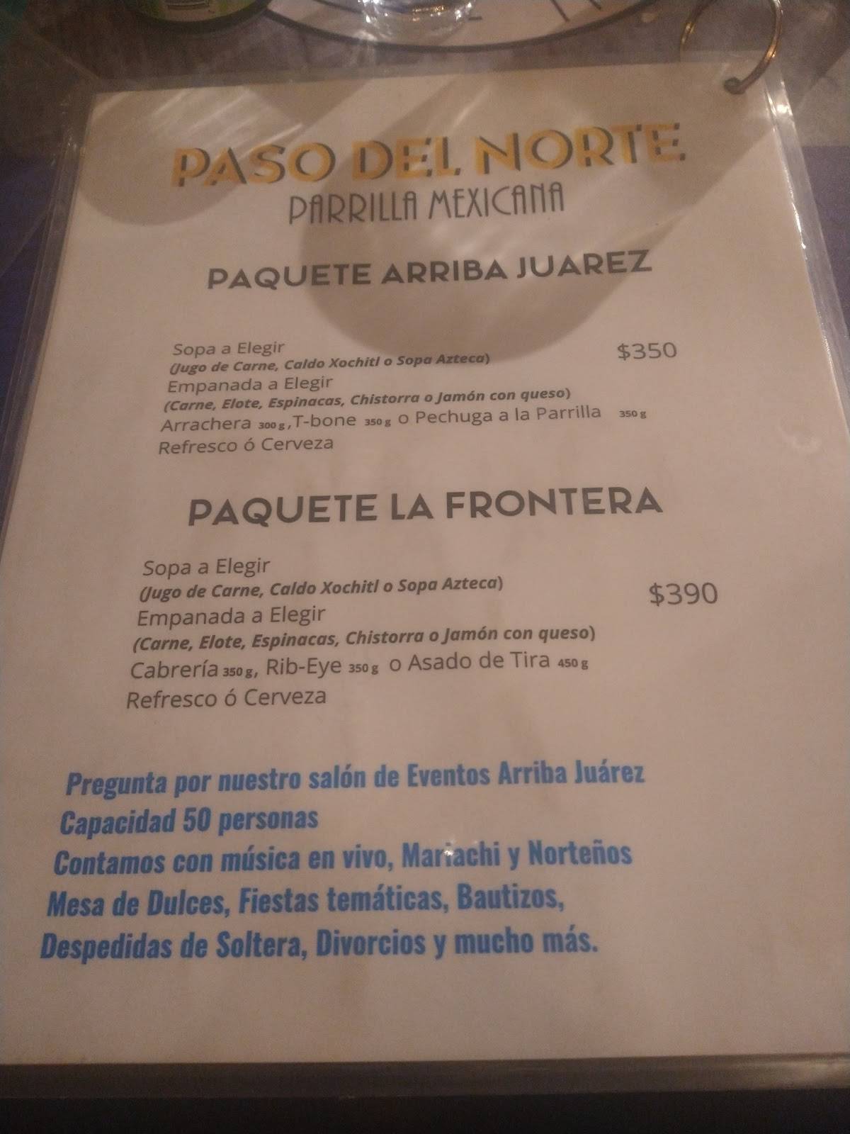 Menu at Paso del Norte restaurant, Mexico City, Isabel La Católica 782