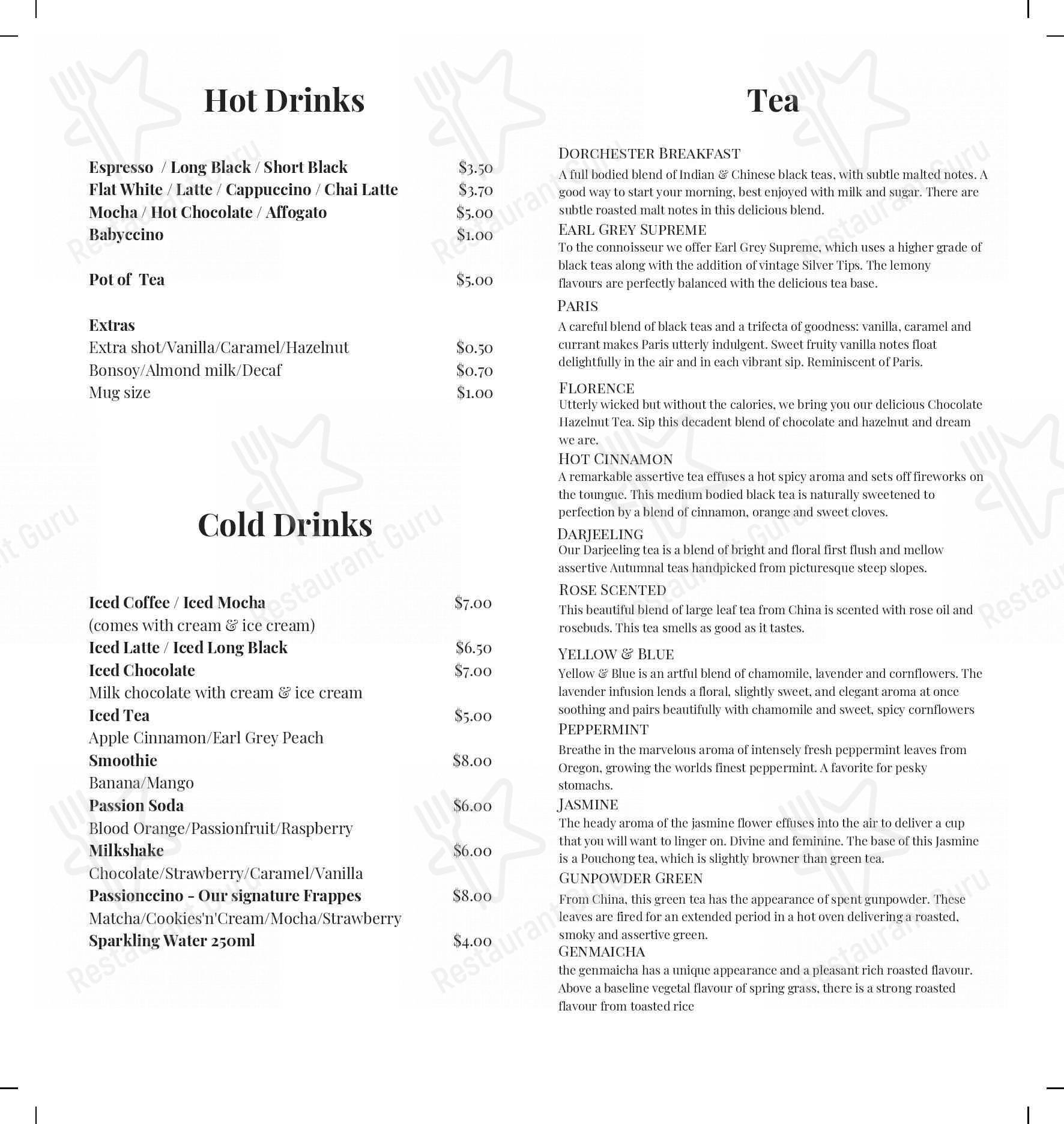 Menu at Passiontree Velvet cafe, Castle Hill, 6-14 Old Castle Hill Rd