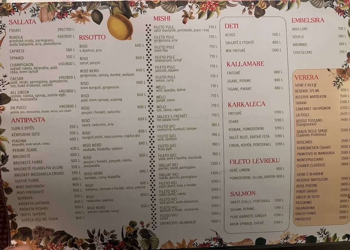 Menu at Pasta Da Pucci restaurant, Tirana