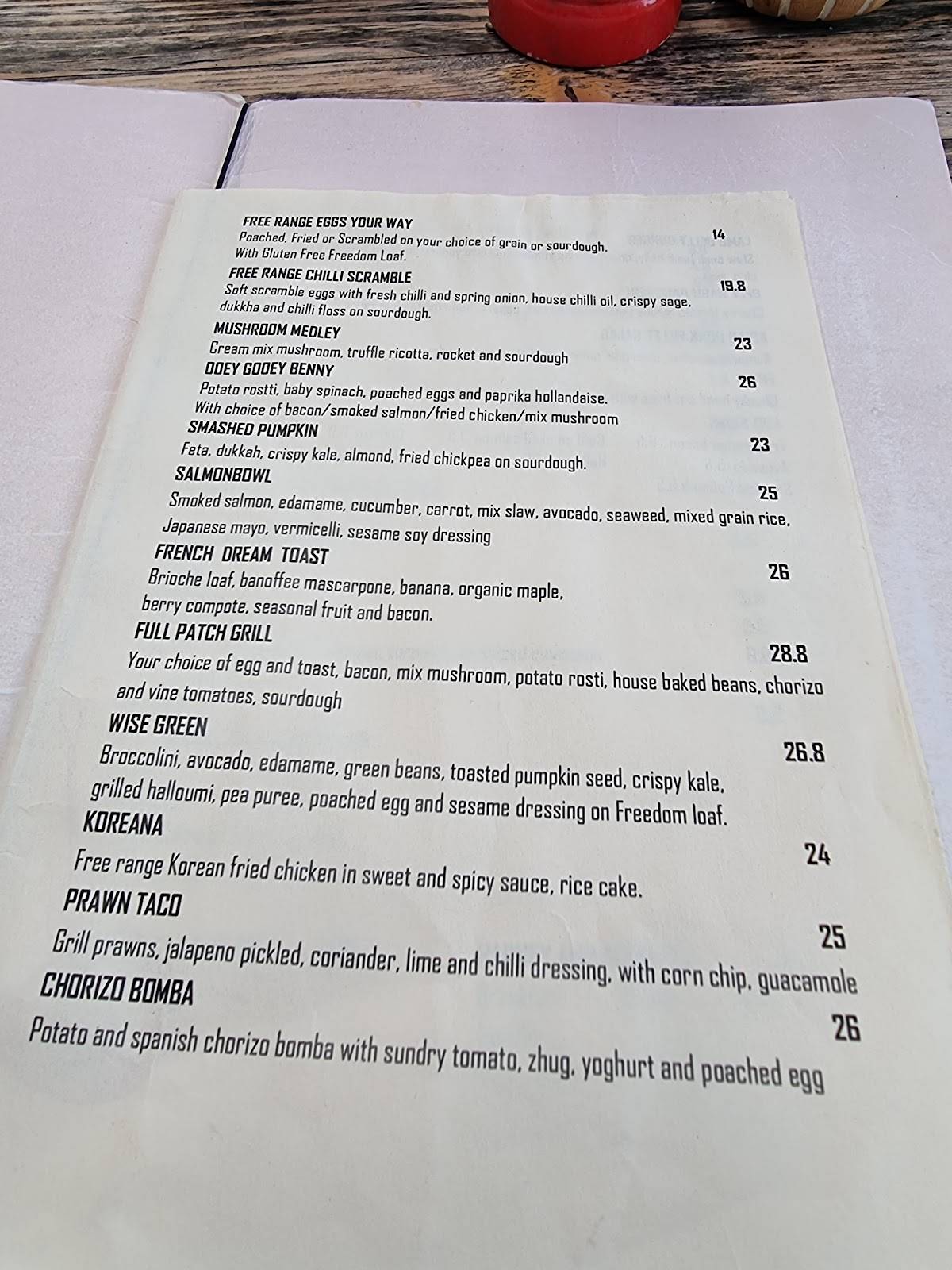 Menu at Patch Cafe, Auckland