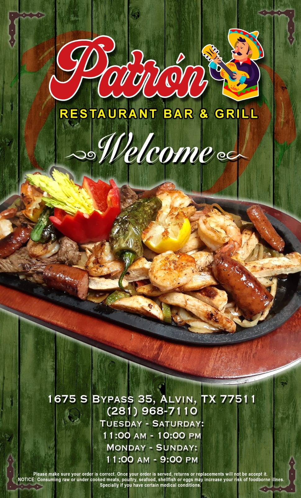 Menu at Patron restaurant, Alvin