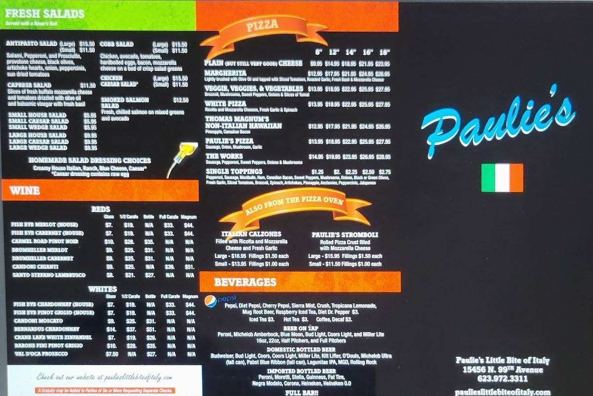 Menu at Paulie's Little Bite of Italy pizzeria, Sun City